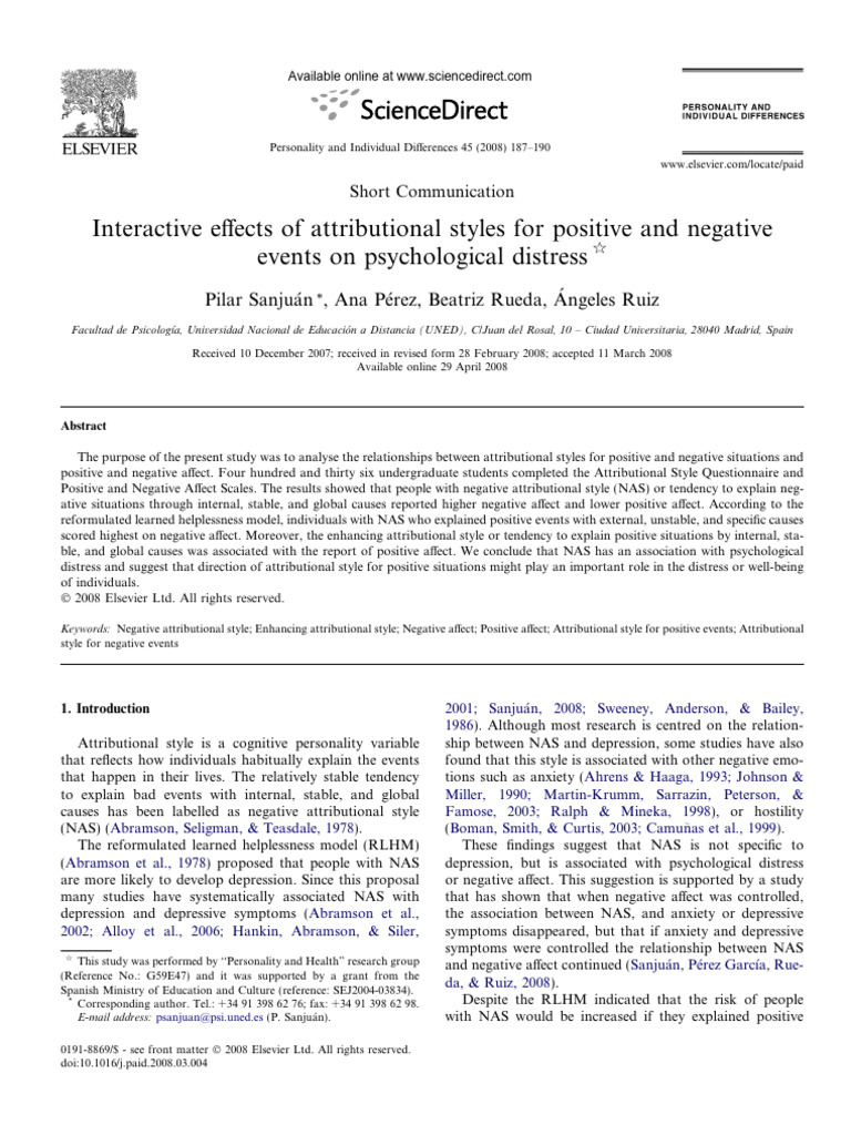 Attributional Styles and Psychological Distress | PDF | Emotions ...