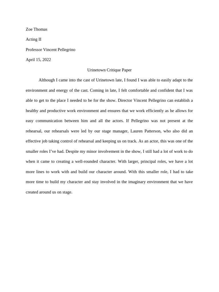 Urinetown Critique Paper | PDF