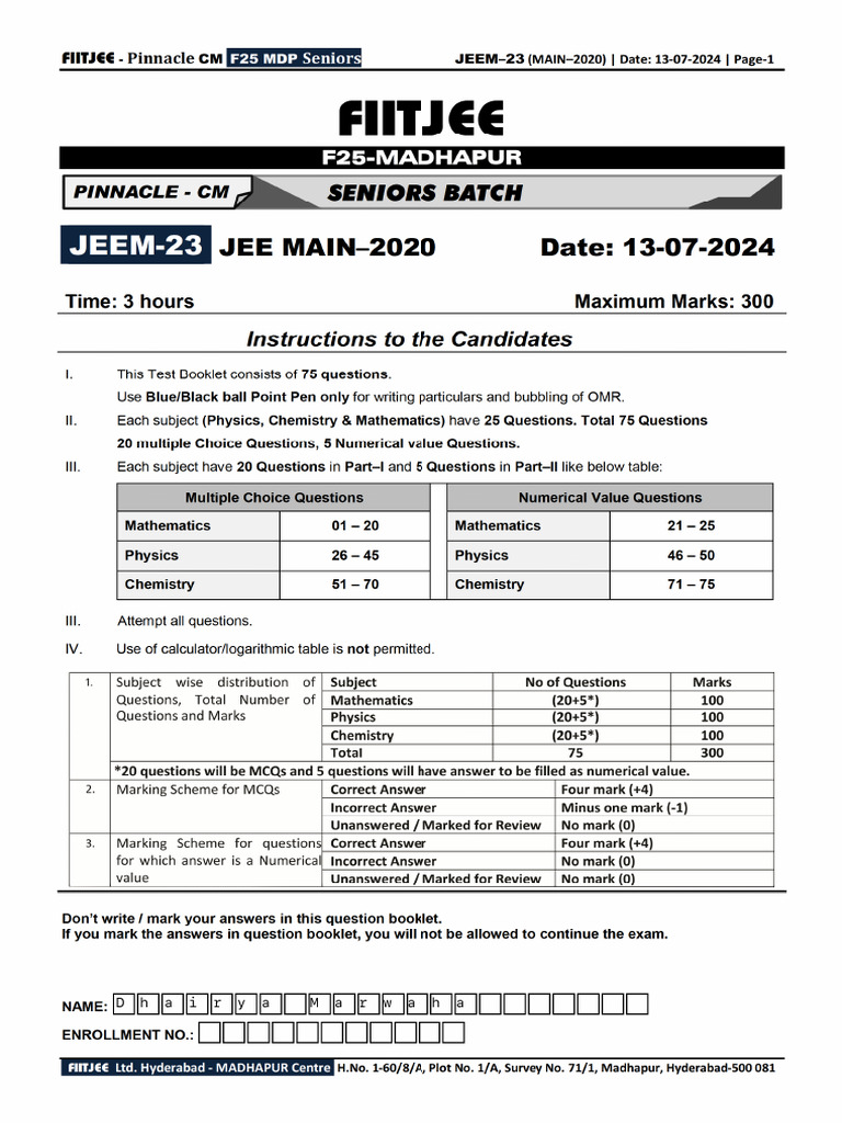 JEEM-23 (JM-2020) 13-07-2024 (F25 MDP-Seniors) QP | PDF