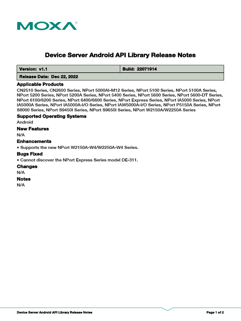 Moxa Device Server Android API Library v1 1 Zip Software Release History | PDF