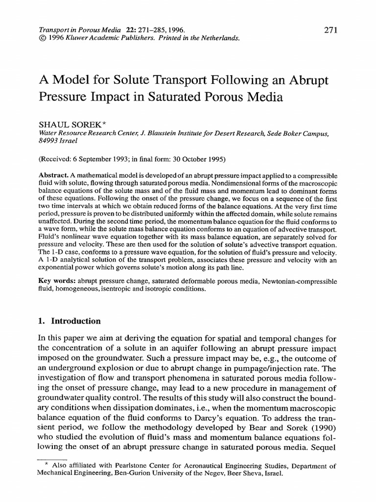 A Model For Solute Transport Following An Abrupt Pressure Impact in Saturated Porous Media | PDF ...