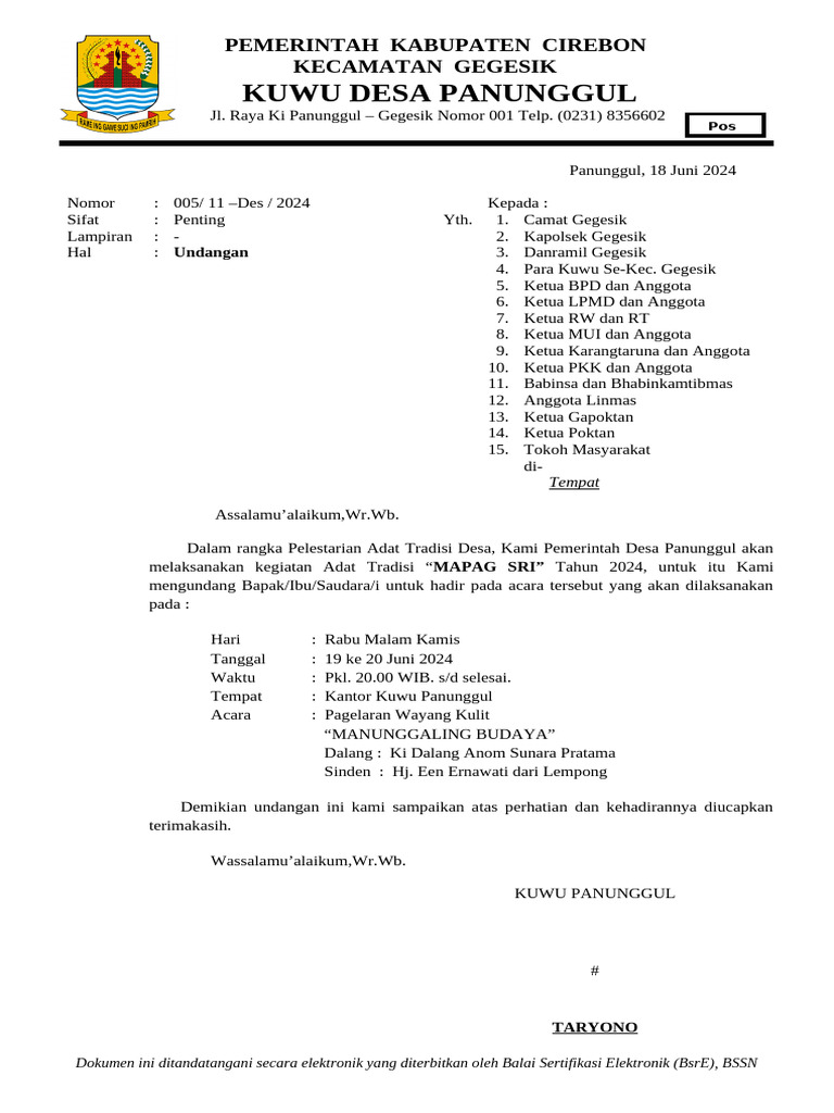 UNDANGAN WAYANGAN MAPAG SRI (MUSPIKA) | PDF