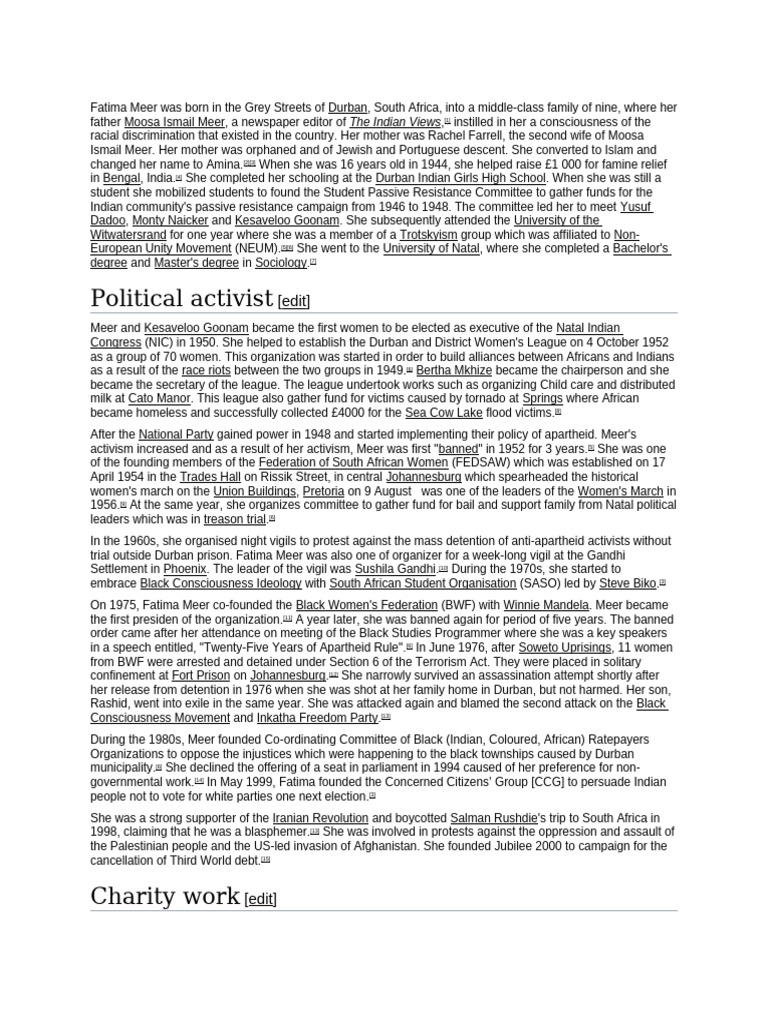 Fatima Meer: Birth and Activism | PDF | Apartheid | South Africa