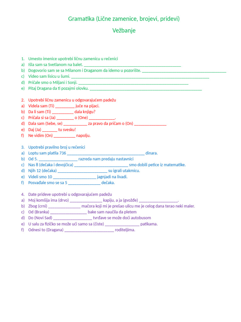 Gramatika (Zamenice, Brojevi, Pridevi) | PDF