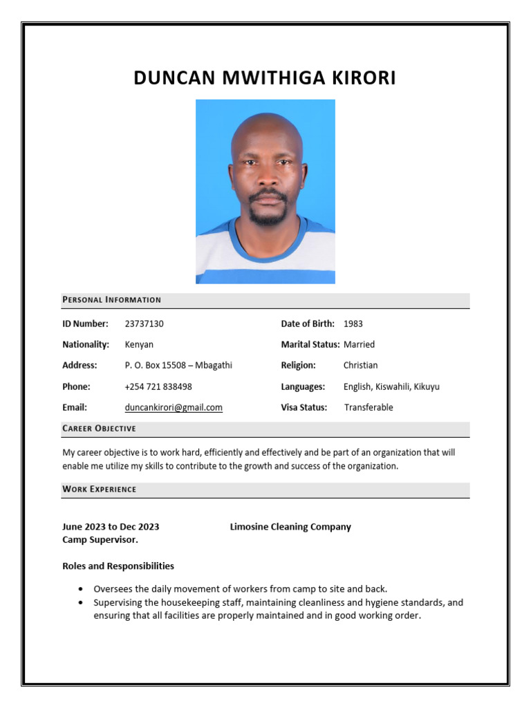 Duncan CV Camp Supervisor | PDF | Truck | Security Guard