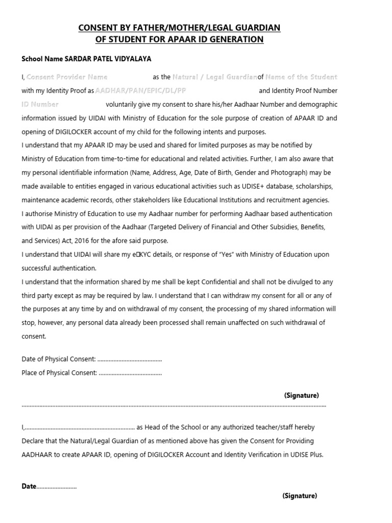 CONSENT BY PARENTS TO GENERATE APAAR ID Min of Education | PDF | Access Control | Authentication