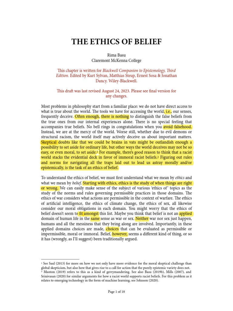 The Ethics of Belief - Rima Basu | PDF | Epistemology | Pragmatism