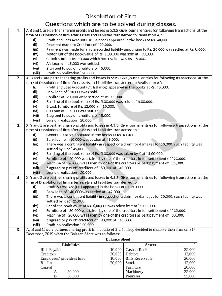 Class Work Questions Dissolution of Firm | PDF | Book Value | Balance Sheet