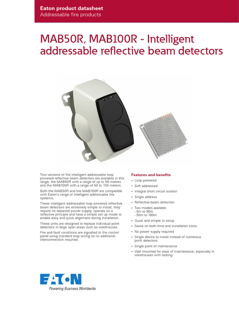 Eaton Fire Addressable Beam Detector Mab50r 100r Datasheet 1019 | PDF ...