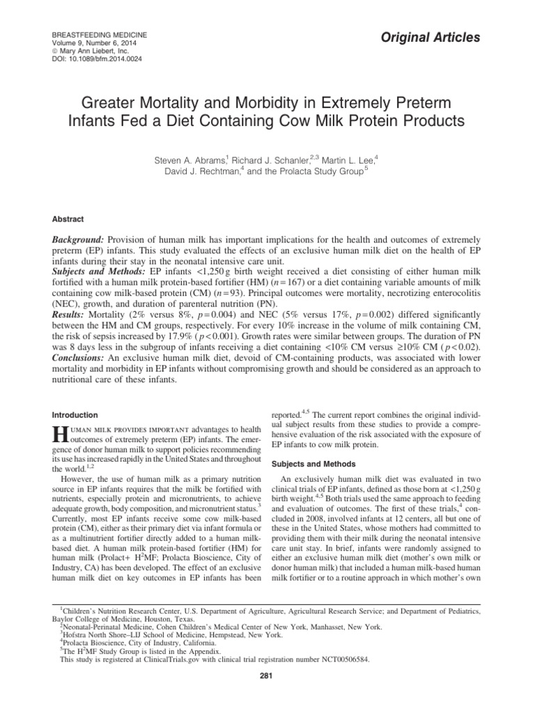 Abrams Et Al 2014 Greater Mortality and Morbidity in Extremely Preterm Infants Fed A Diet ...