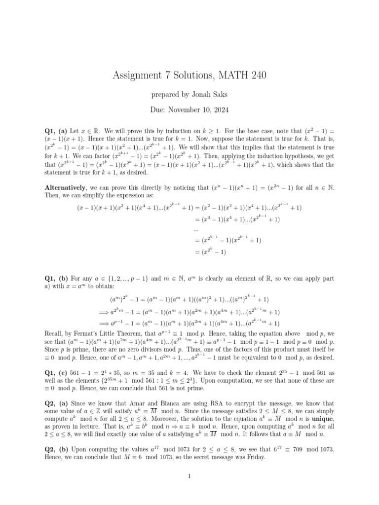 Assignment 7 Solutions 240 (1) | PDF | Arithmetic | Abstract Algebra