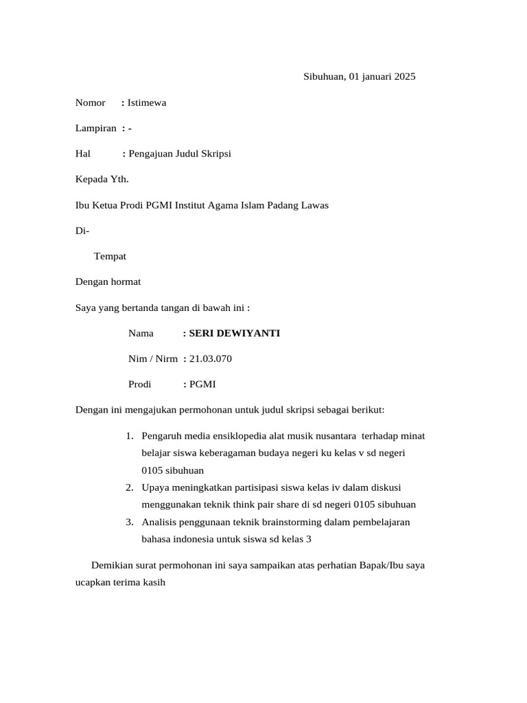 Contoh Surat Pengajuan Judul Skripsi | PDF