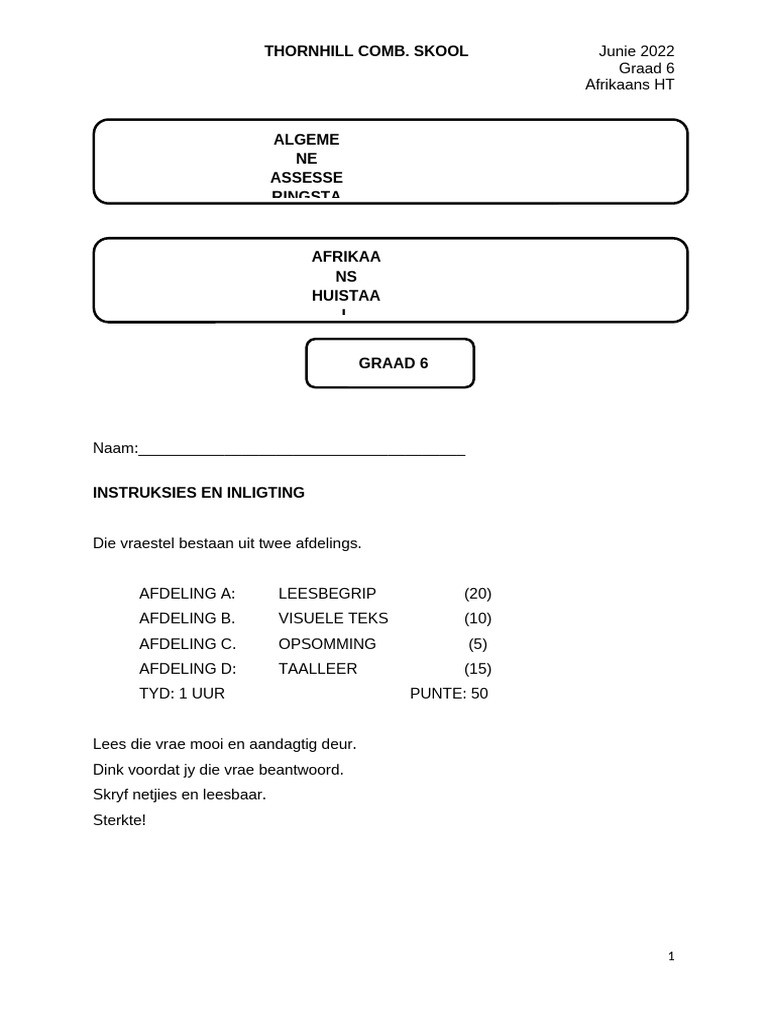 Afr HT GR 6 Vraestel Junie 2022 | PDF