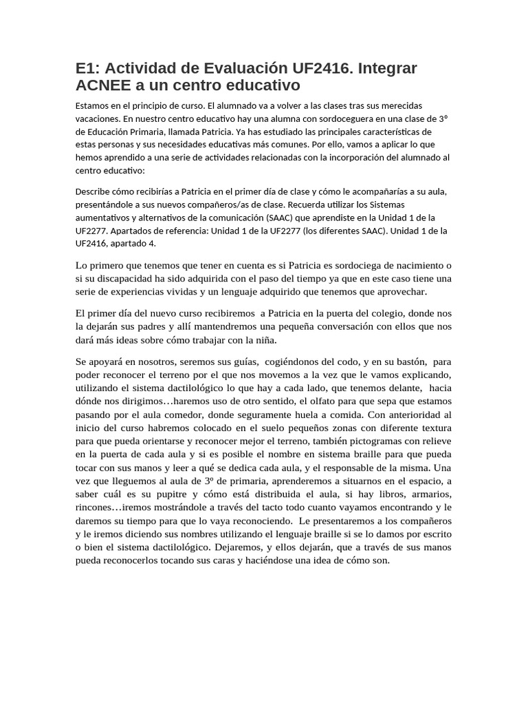 E1 Actividad de Evaluación UF2416 Integrar ACNEE A Un Centro Educativo | PDF | Salón de clases ...