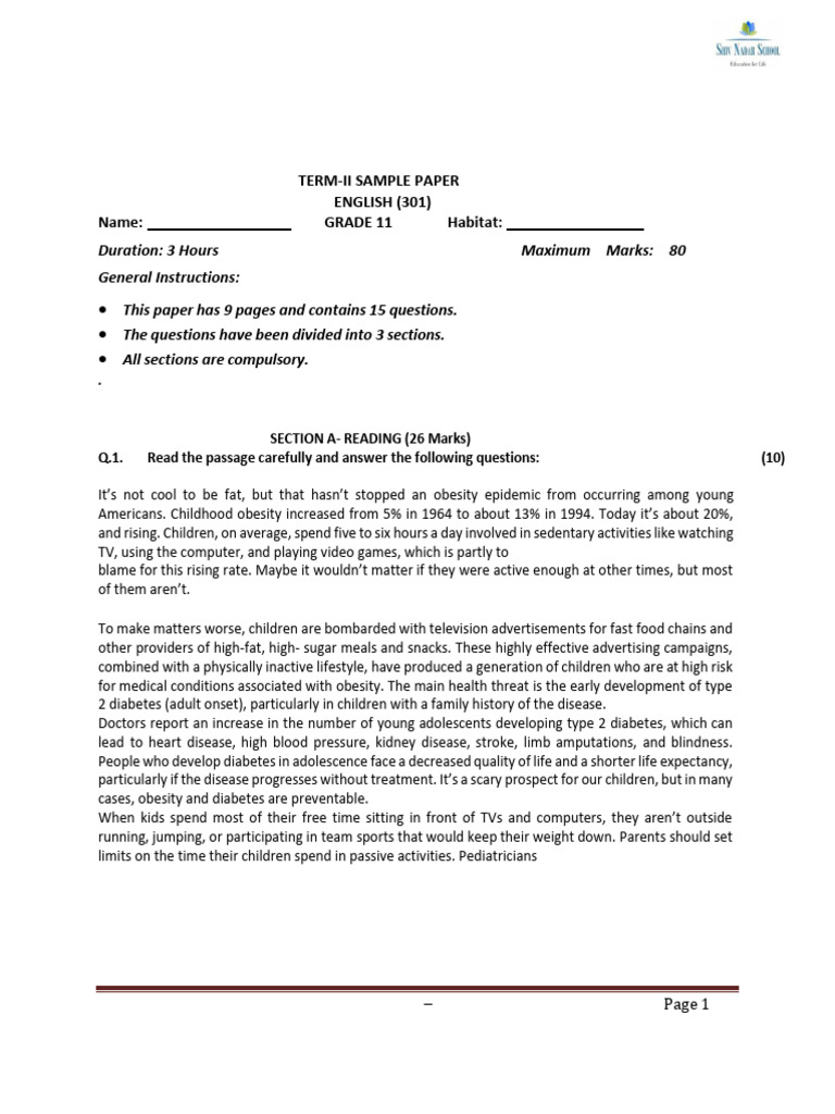 Grade 11 English Sample Paper 2025 | PDF | Obesity | Diabetes