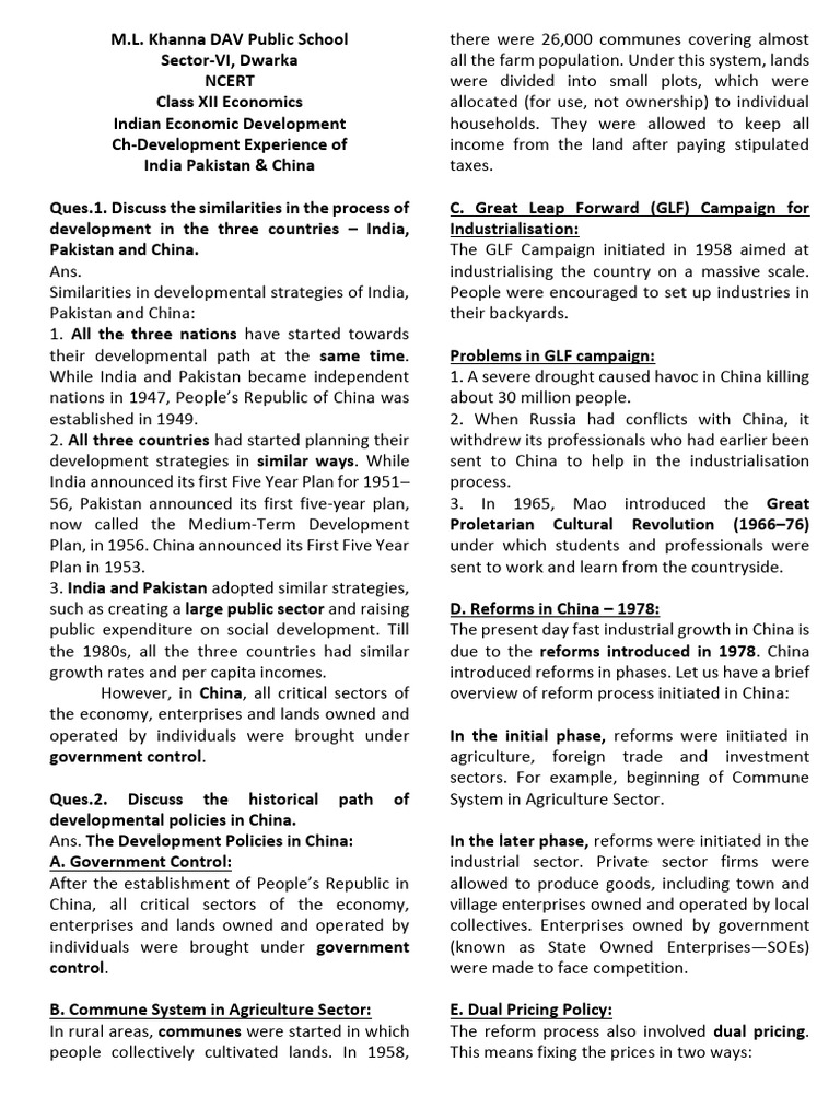 XII Eco IED Ch-10 NCERT Notes India, Pakistan and China.pdf | PDF ...