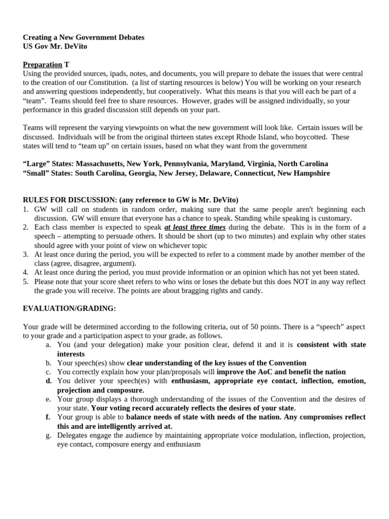 Constitutional Convention Debates Grading & Scoring student version (4 ...