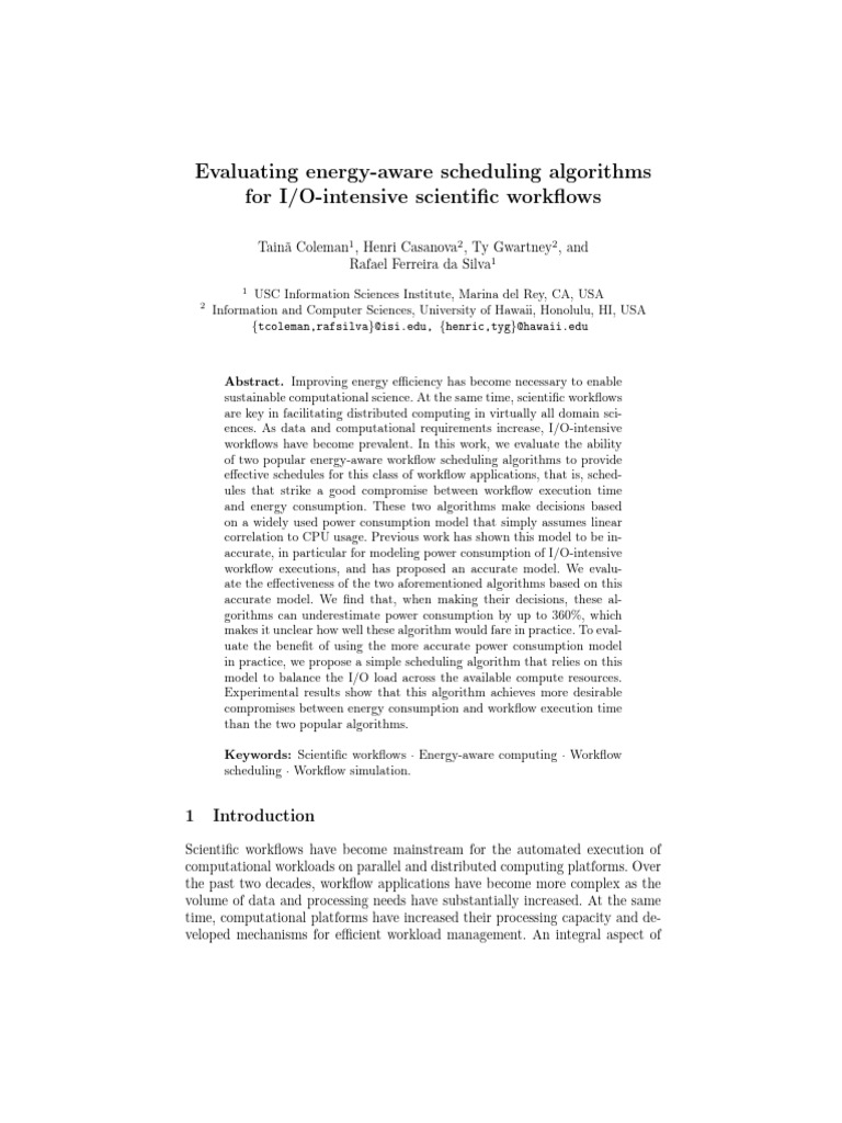 Evaluating energy-aware scheduling algorithms for I/O-intensive scienti c work ows | PDF | Multi ...