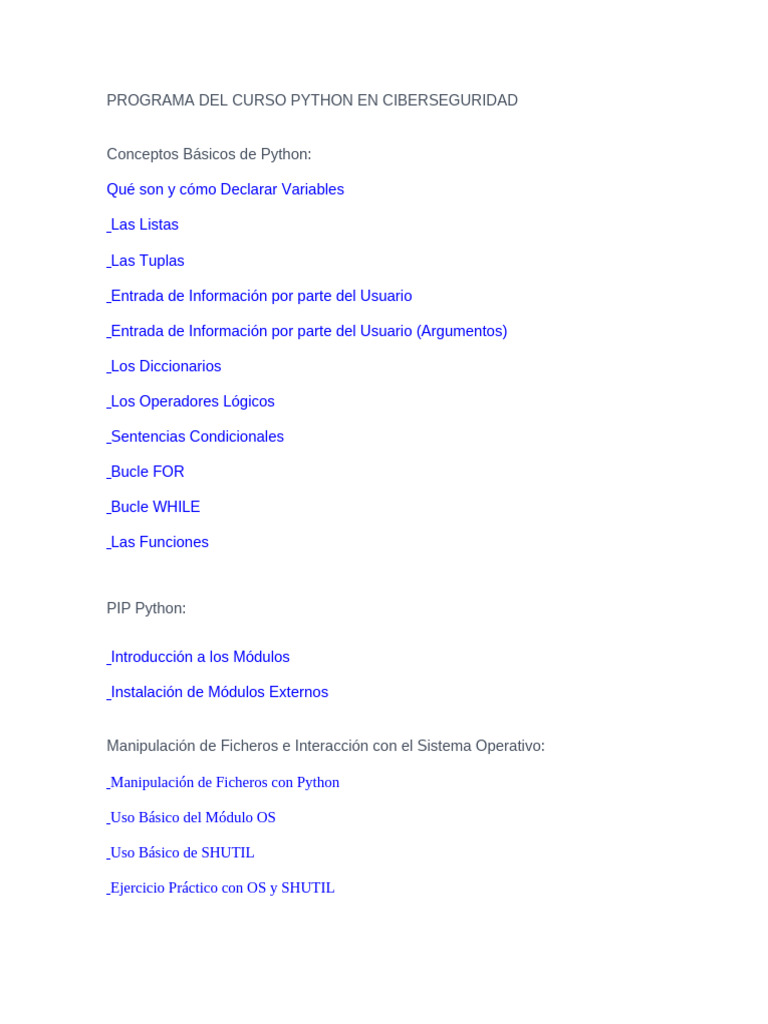 PROGRAMA DEL CURSO PYTHON EN CIBERSEGURIDAD | PDF | Python (lenguaje de programación) | La ...