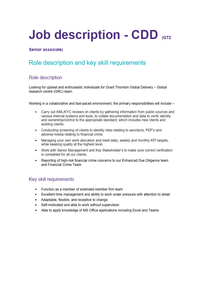 Job Description Fresher - CDD Grand Thompson Global Delivery | PDF