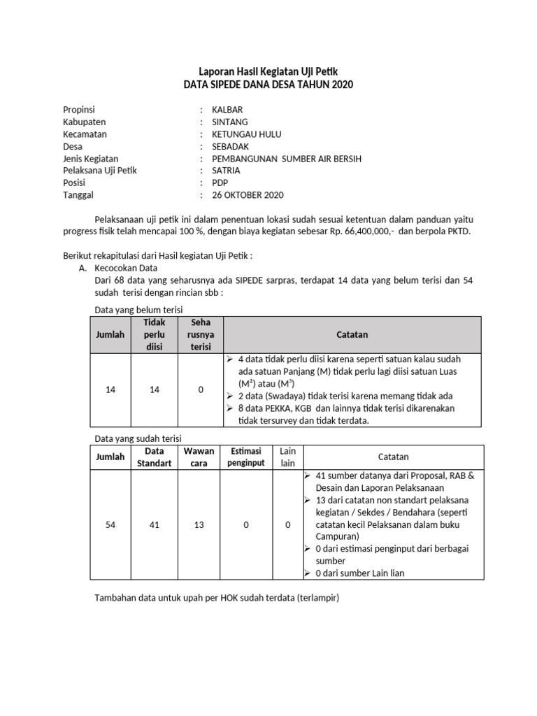 3a. Form Laporan Hasil Kegiatan Uji Petik_ketungau hulu desa sebadak | PDF