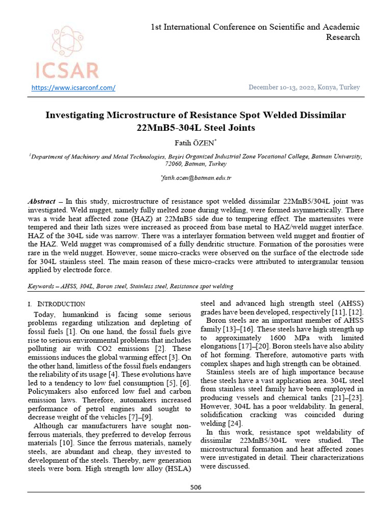 Investigating Microstructure of Resistance Spot Welded Dissimilar 22MnB5-304L Steel Joints | PDF ...