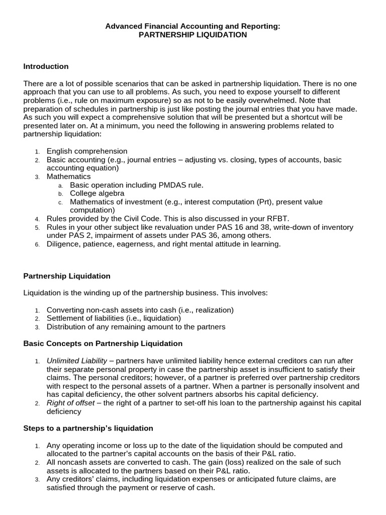 Advanced Financial Accounting and Reporting Liquidation | PDF | Liquidation | Partnership
