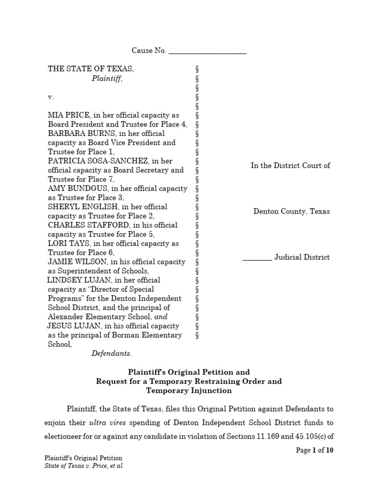 Texas State vs. Denton ISD Electioneering | PDF | Injunction | Lawsuit