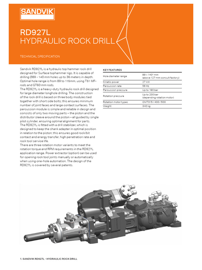 Sandvik RD927L Hydraulic Rock Drill Specs | PDF | Drill | Piston