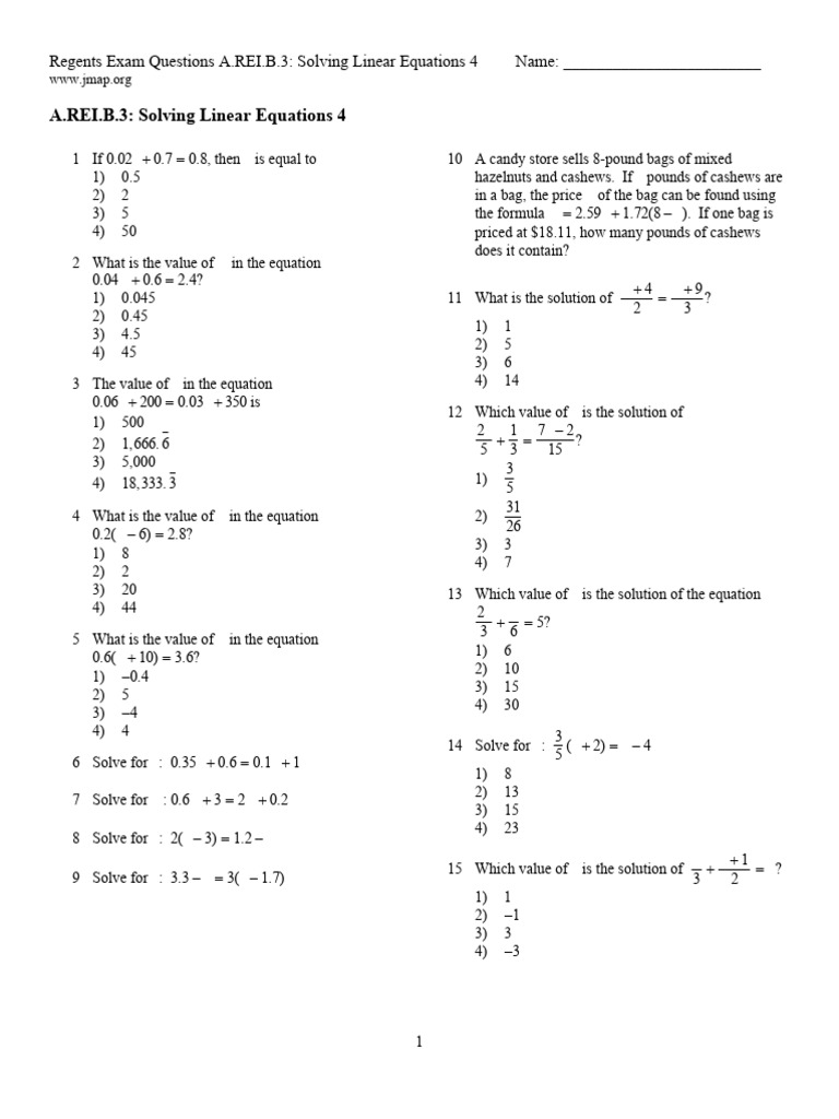 Regents Exam: Solving Linear Equations | PDF | Equations | Mathematical ...