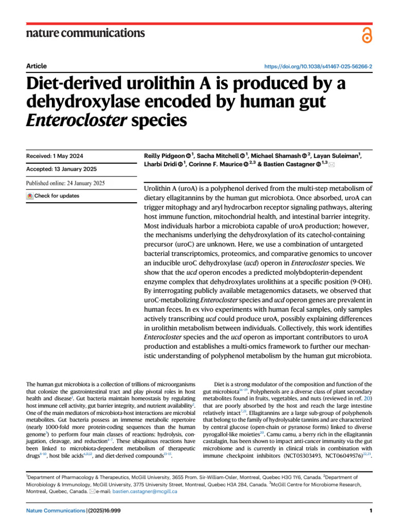 Diet-Derived Urolithin A Is Produced by A Dehydroxylase Encoded by Human Gut Species | PDF ...