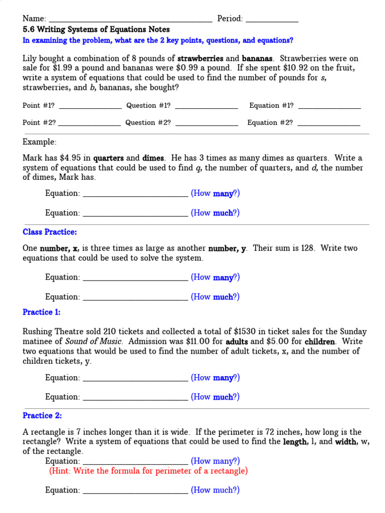 Writing Systems of Equations Guide | PDF | Mathematics | Distance