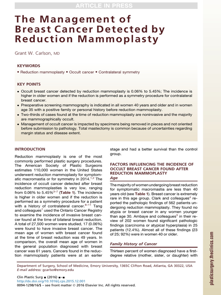 The Management of Breast Cancer Detected by Reduction Mammaplasty | PDF ...