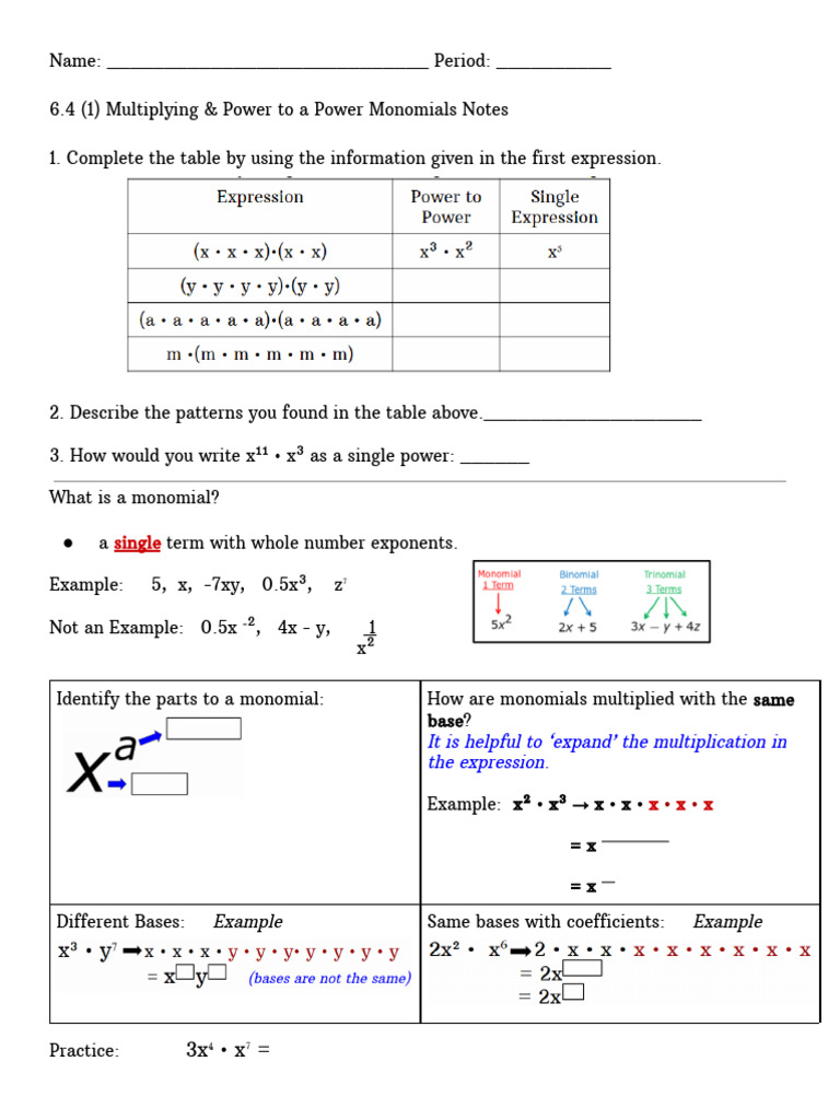 6.4 (1) Multiplying Monomials Notes | PDF