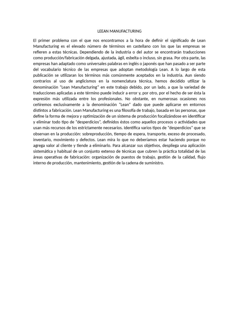 Lean Manufacturing: Definición y Técnicas | PDF