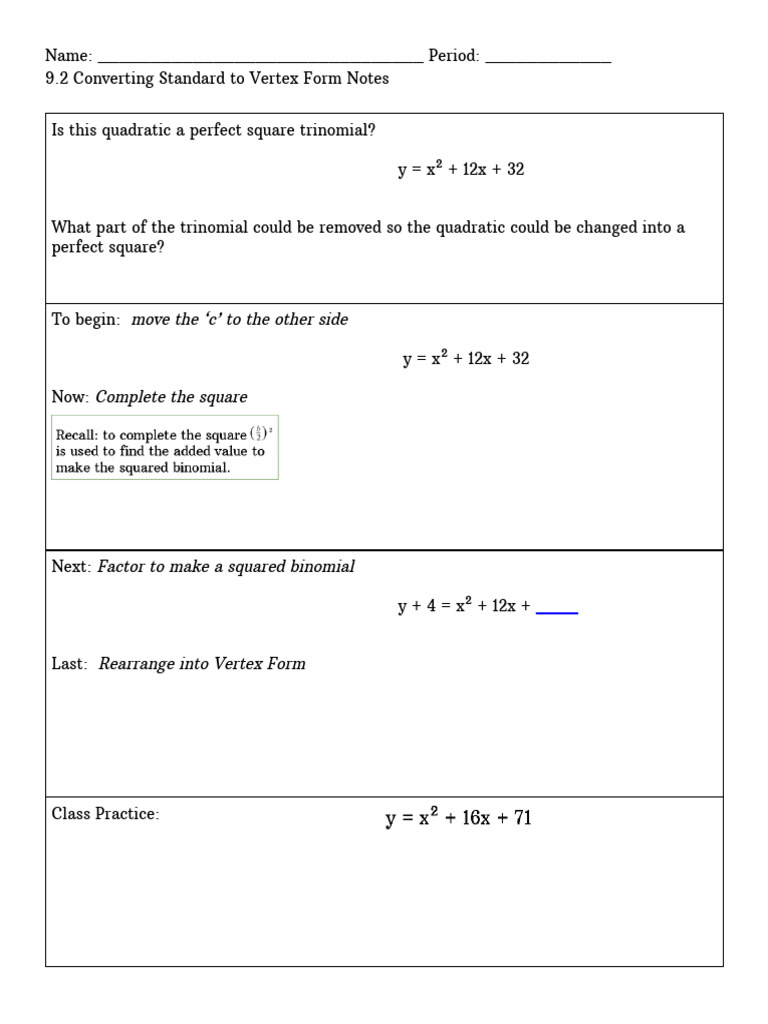 9.2 Converting Standard To Vertex Form Notes | PDF