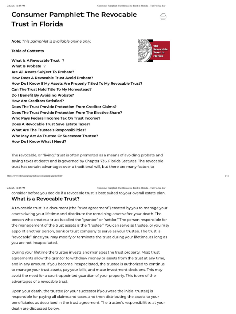 Consumer Pamphlet_ the Revocable Trust in Florida – the Florida Bar ...