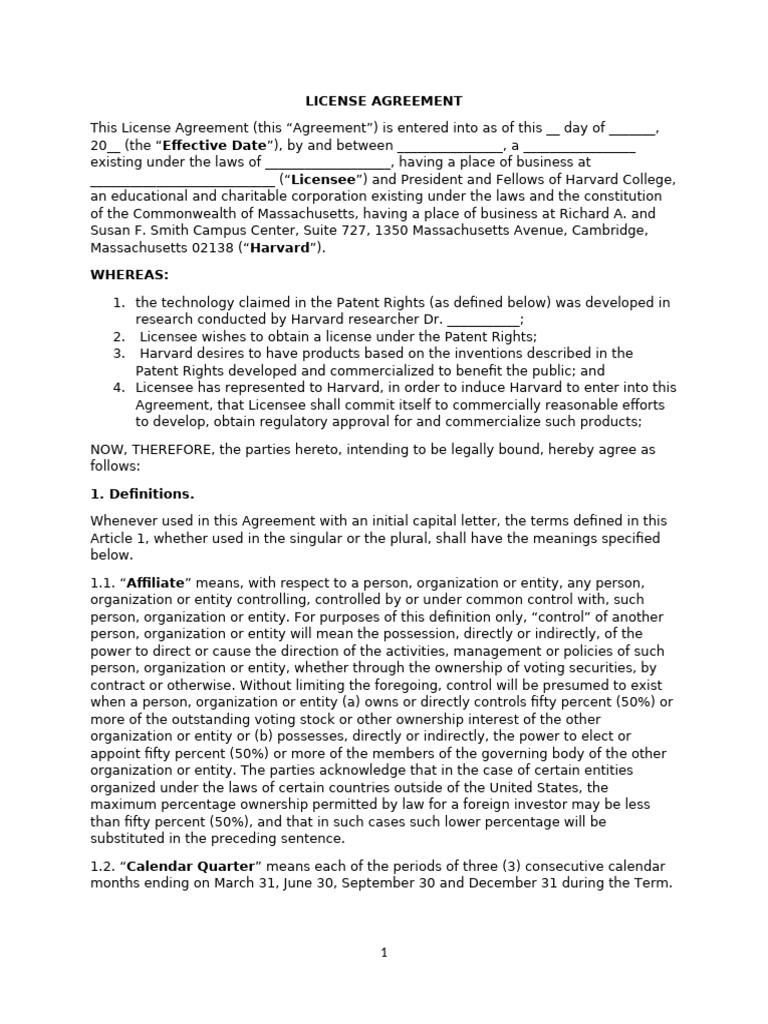 Harvard Patent License Agreement | PDF | Indemnity | Bankruptcy