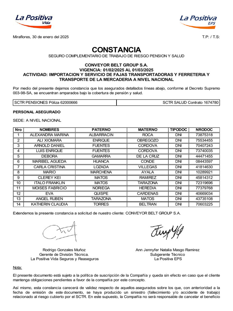 Constancia de Seguro SCTR 2025 | PDF | Relaciones laborales | Lugar de trabajo