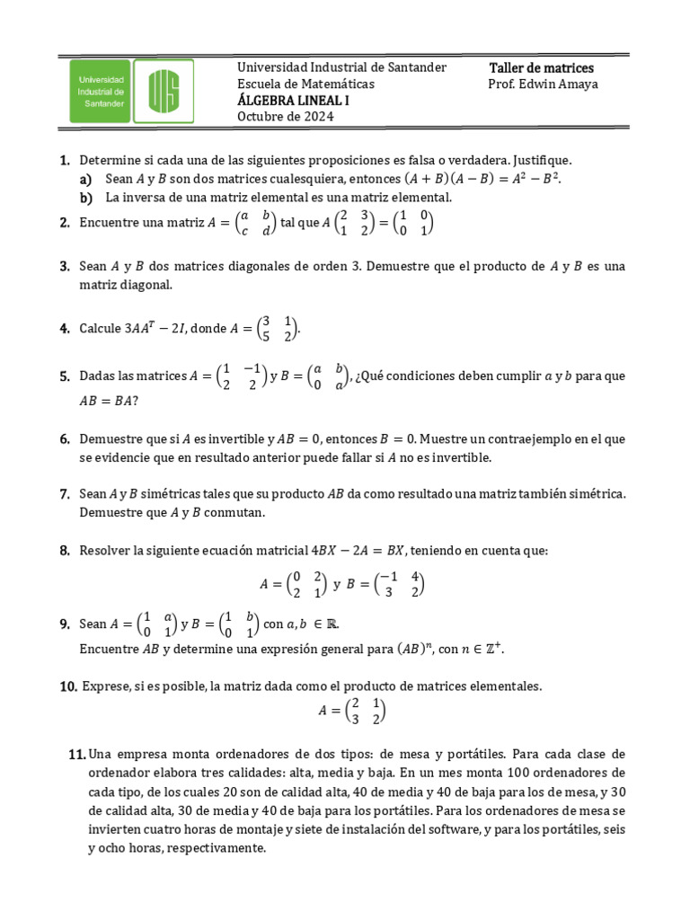 Taller - Matrices | PDF | Matriz (Matemáticas) | Conceptos matemáticos