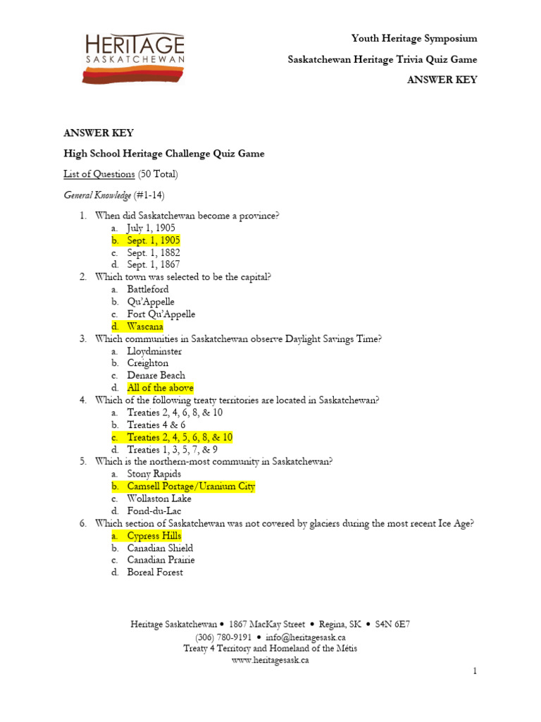 Saskatchewan Heritage Trivia Quiz Answers | PDF | Saskatchewan