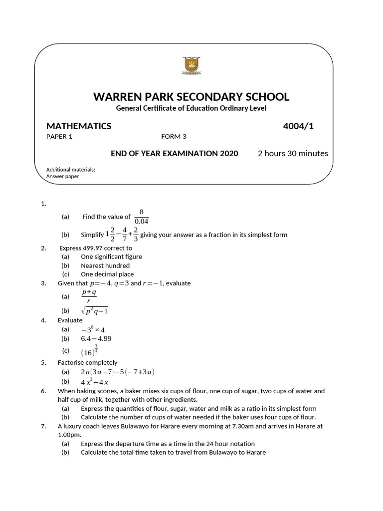 2020 O-Level Mathematics Exam Paper | PDF | Mathematics | Arithmetic