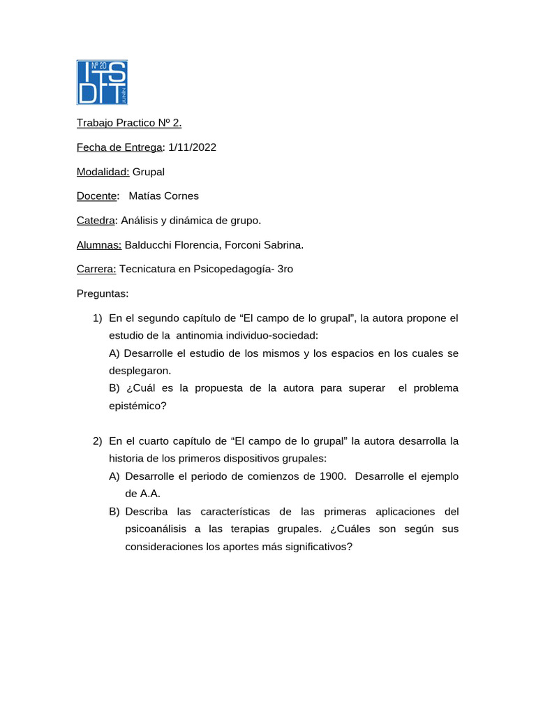 Trabajo Practico Domiciliario #2 - Balducchi, Forconi | PDF ...