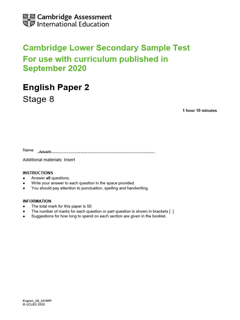 English Stage 8 Sample 2 Questions | PDF