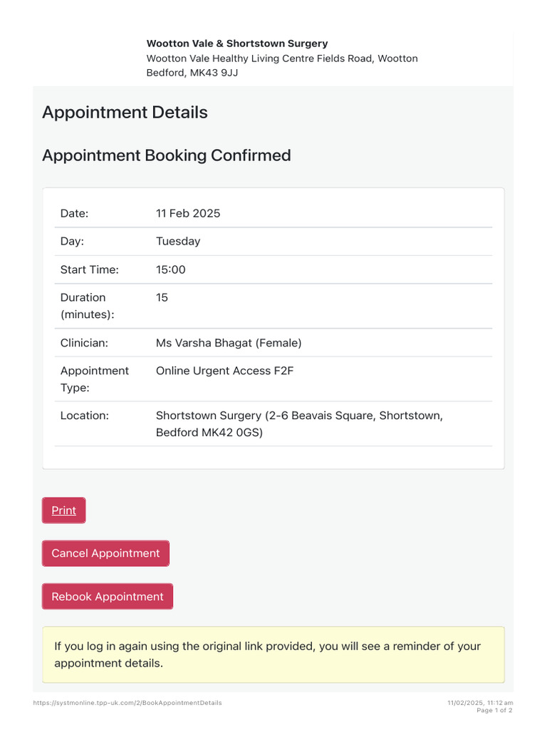 Wootton Vale Surgery Appointment Confirmation | PDF