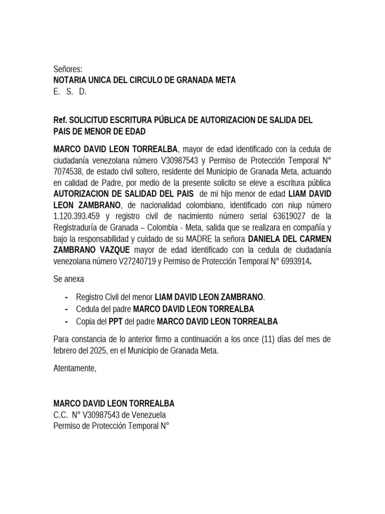 Solicitud Poder Salida Del Pais de Menor - Venezuela | PDF