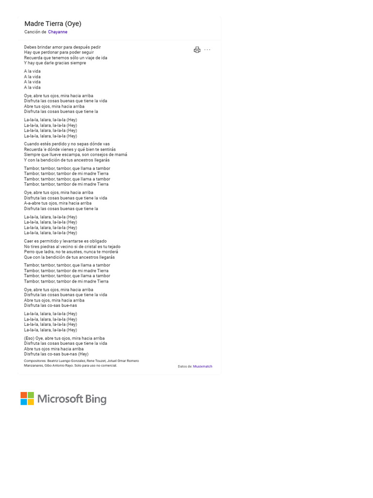 Chayanne Madre Tierra (Oye) Letras - Búsqueda | PDF