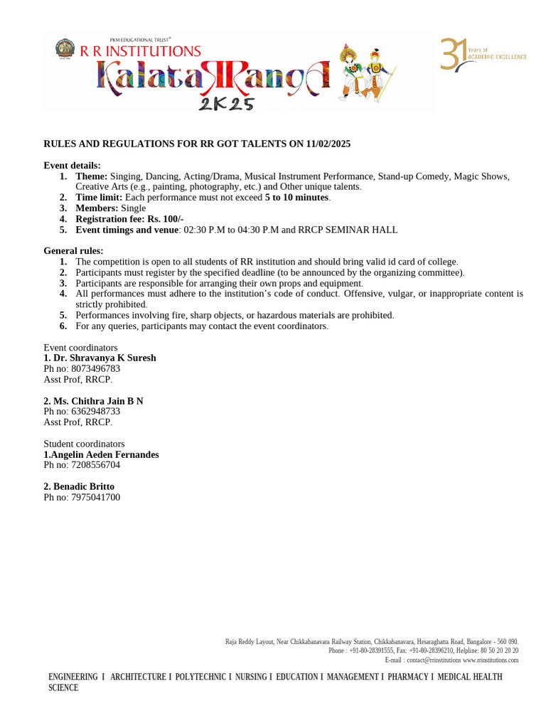 RR Got Talents 2025: Event Rules & Details | PDF
