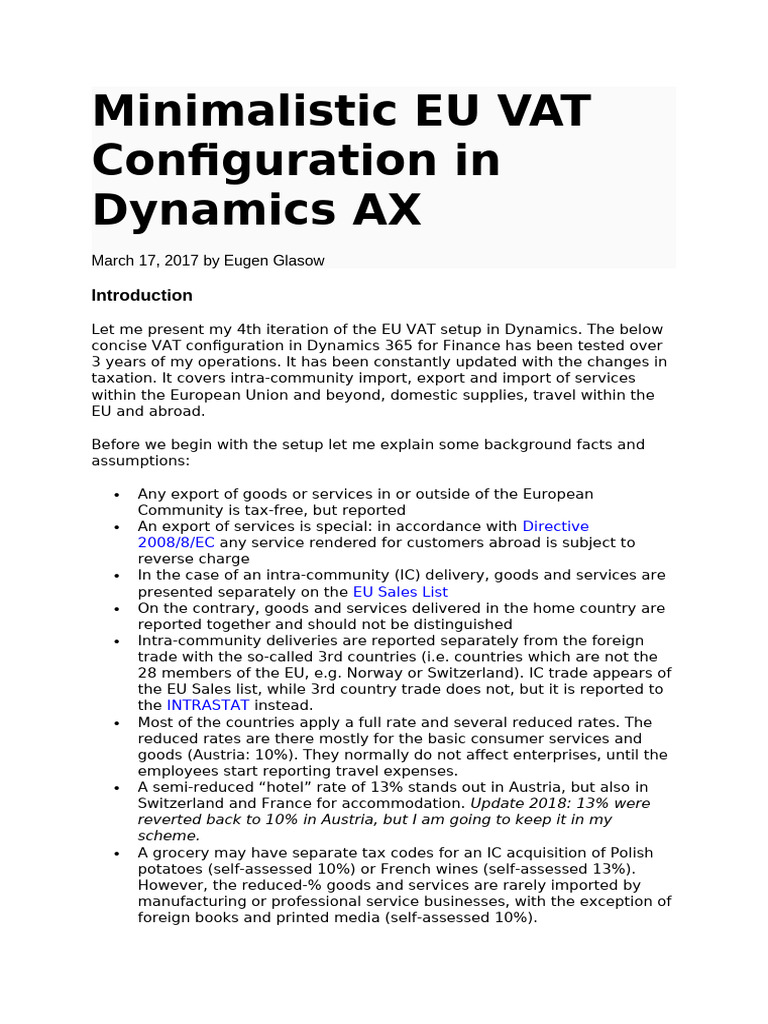 Minimalistic EU VAT Configuration in Dynamics AX | PDF | Value Added ...