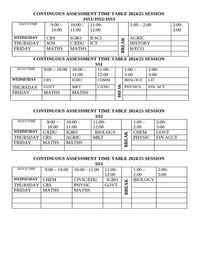 Continuous Assessment Time Table 2024 Change | PDF
